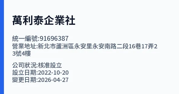 萬利泰企業社的照片-統編 91696387(新北市) 公司登記資料與營業項目詳細圖表