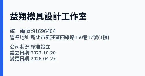 益翔模具設計工作室的照片-統編 91696464(新北市) 公司登記資料與營業項目詳細圖表