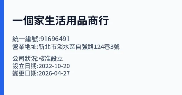 一個家生活用品商行的照片-統編 91696491(新北市) 公司登記資料與營業項目詳細圖表