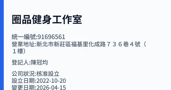 圈品健身工作室的照片-統編 91696561(新北市) 公司登記資料與營業項目詳細圖表