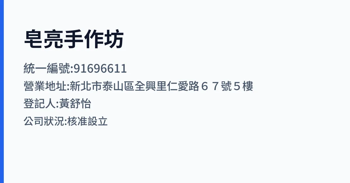 皂亮手作坊 - 統編 91696611(新北市) 公司登記資料與營業項目詳細圖表