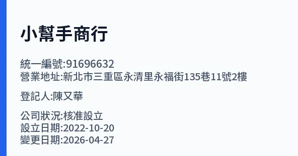 小幫手商行的照片-統編 91696632(新北市) 公司登記資料與營業項目詳細圖表