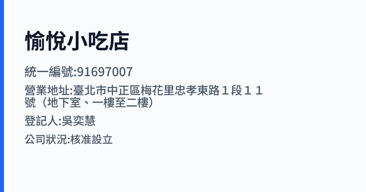愉悅小吃店 - 統編 91697007(臺北市) 公司登記資料與營業項目詳細圖表