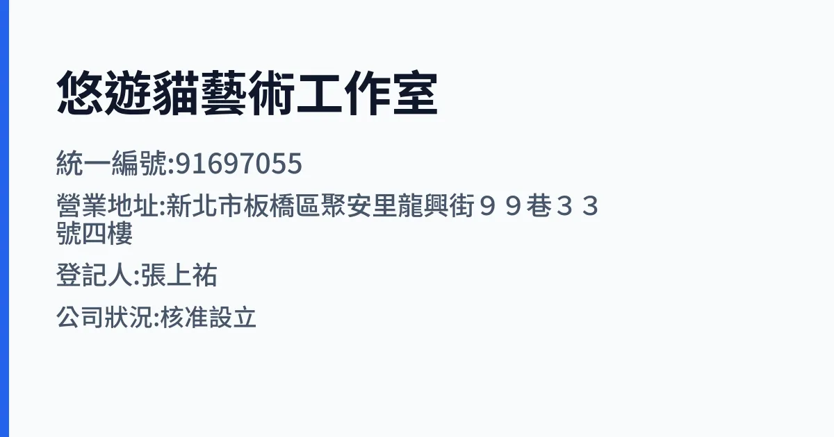 悠遊貓藝術工作室 - 統編 91697055(新北市) 公司登記資料與營業項目詳細圖表