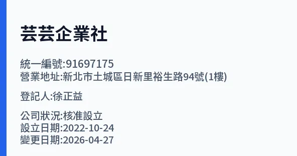 芸芸企業社的照片-統編 91697175(新北市) 公司登記資料與營業項目詳細圖表