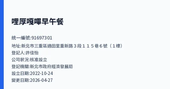 哩厚嘎嗶早午餐的照片-統編 91697301(新北市) 公司登記資料與營業項目詳細圖表