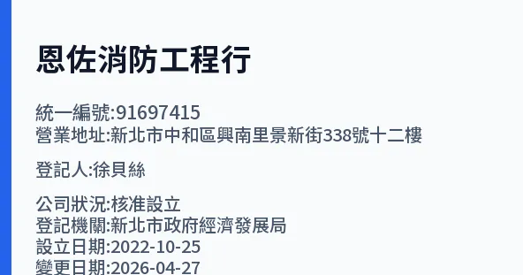 恩佐消防工程行的照片-統編 91697415(新北市) 公司登記資料與營業項目詳細圖表