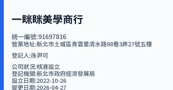 一眯眯美學商行的照片-統編 91697816(新北市) 公司登記資料與營業項目詳細圖表