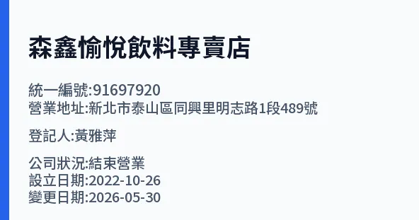 森鑫愉悅飲料專賣店的照片-統編 91697920(新北市) 公司登記資料與營業項目詳細圖表