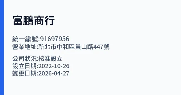 富鵬商行的照片-統編 91697956(新北市) 公司登記資料與營業項目詳細圖表
