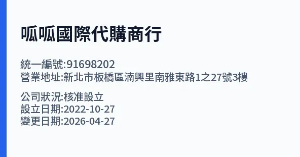 呱呱國際代購商行的照片-統編 91698202(新北市) 公司登記資料與營業項目詳細圖表