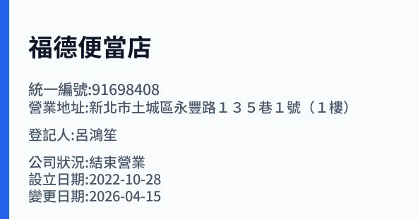 福德便當店的照片-統編 91698408(新北市) 公司登記資料與營業項目詳細圖表