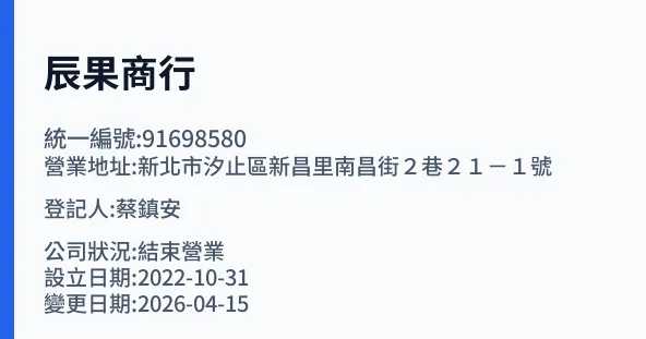 辰果商行的照片-統編 91698580(新北市) 公司登記資料與營業項目詳細圖表