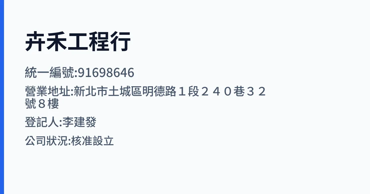 卉禾工程行 - 統編 91698646(新北市) 公司登記資料與營業項目詳細圖表