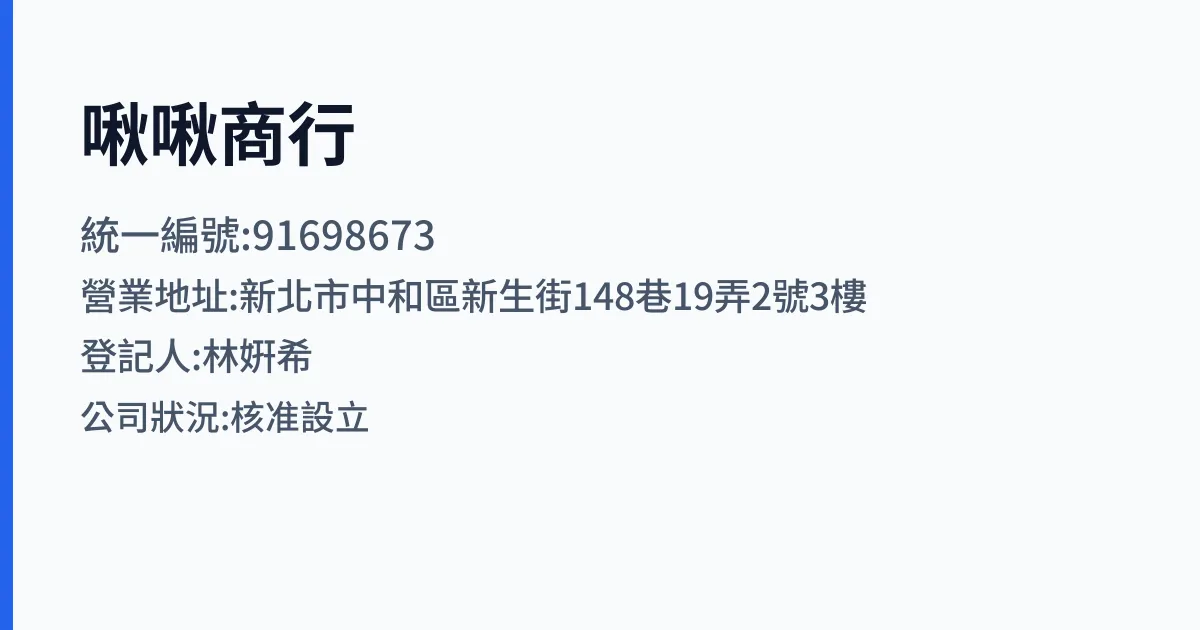 啾啾商行 - 統編 91698673(新北市) 公司登記資料與營業項目詳細圖表