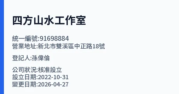 四方山水工作室的照片-統編 91698884(新北市) 公司登記資料與營業項目詳細圖表