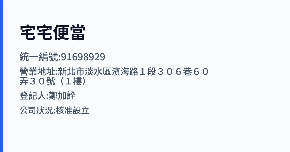 宅宅便當 - 統編 91698929(新北市) 公司登記資料與營業項目詳細圖表