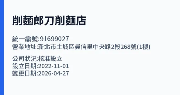 削麵郎刀削麵店的照片-統編 91699027(新北市) 公司登記資料與營業項目詳細圖表