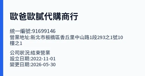 歐爸歐膩代購商行的照片-統編 91699146(新北市) 公司登記資料與營業項目詳細圖表