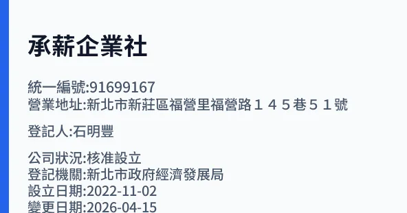 承薪企業社的照片-統編 91699167(新北市) 公司登記資料與營業項目詳細圖表