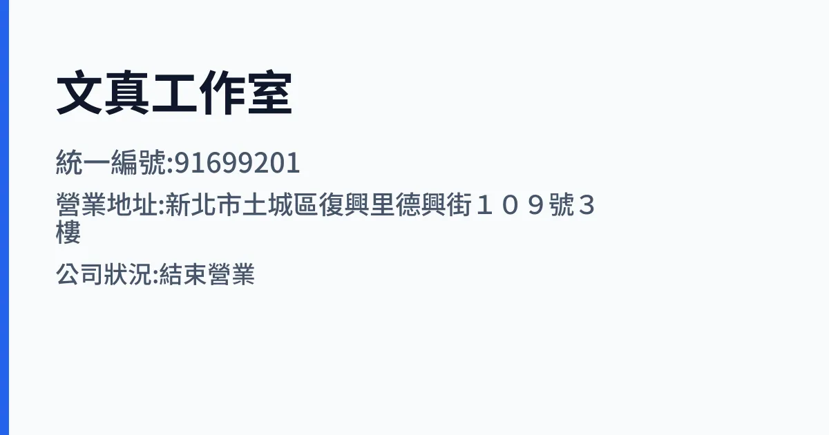 文真工作室 - 統編 91699201(新北市) 公司登記資料與營業項目詳細圖表