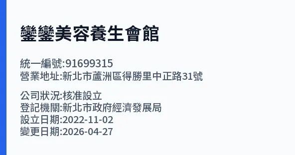 鑾鑾美容養生會館的照片-統編 91699315(新北市) 公司登記資料與營業項目詳細圖表
