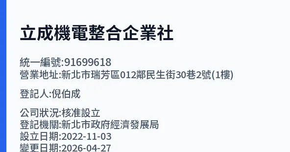 立成機電整合企業社的照片-統編 91699618(新北市) 公司登記資料與營業項目詳細圖表