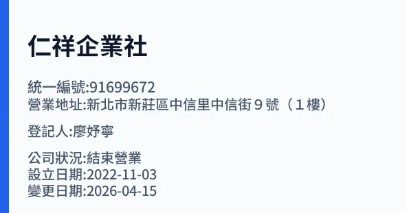 仁祥企業社的照片-統編 91699672(新北市) 公司登記資料與營業項目詳細圖表