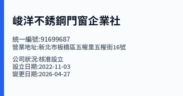 峻洋不銹鋼門窗企業社的照片-統編 91699687(新北市) 公司登記資料與營業項目詳細圖表