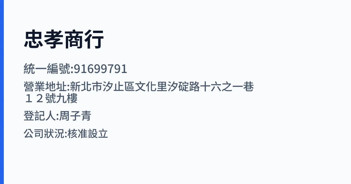 忠孝商行 - 統編 91699791(新北市) 公司登記資料與營業項目詳細圖表