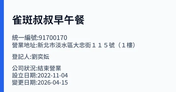 雀斑叔叔早午餐的照片-統編 91700170(新北市) 公司登記資料與營業項目詳細圖表