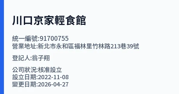 川口京家輕食館的照片-統編 91700755(新北市) 公司登記資料與營業項目詳細圖表