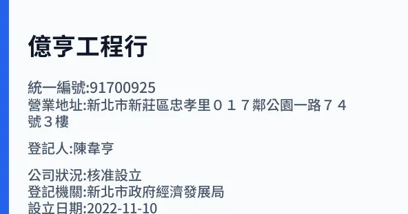 億亨工程行的照片-統編 91700925(新北市) 公司登記資料與營業項目詳細圖表