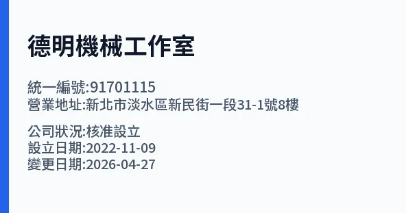 德明機械工作室的照片-統編 91701115(新北市) 公司登記資料與營業項目詳細圖表
