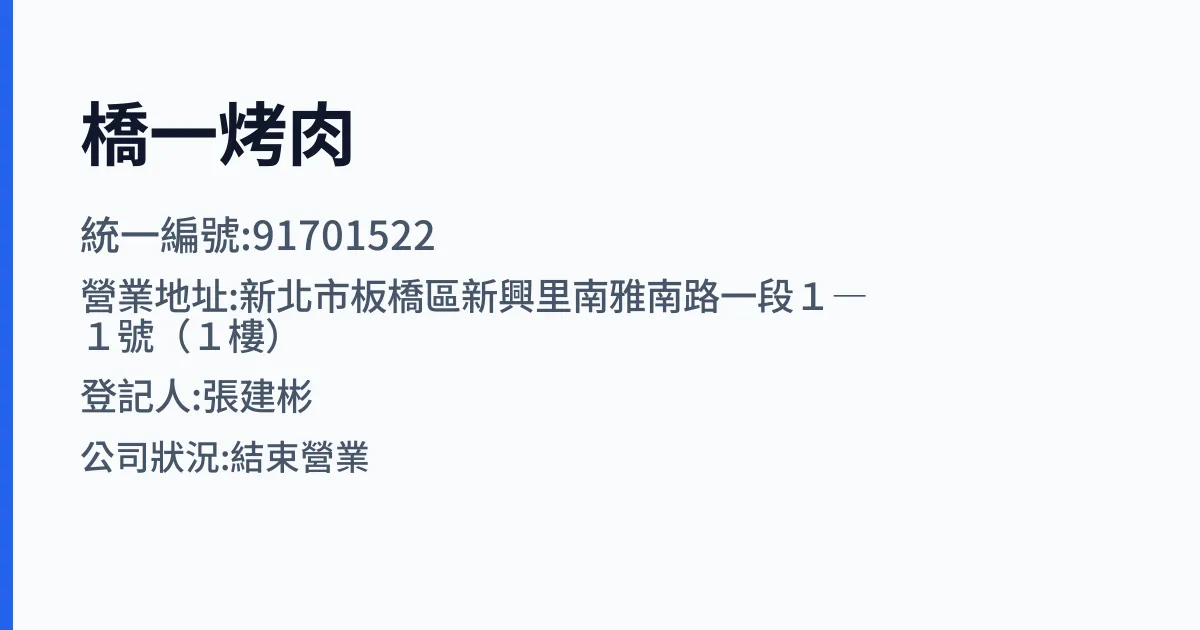 橋一烤肉 - 統編 91701522（新北市） 公司登記資料與營業項目詳細圖表