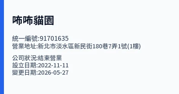咘咘貓園的照片-統編 91701635(新北市) 公司登記資料與營業項目詳細圖表