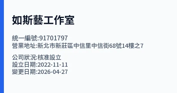 如斯藝工作室的照片-統編 91701797(新北市) 公司登記資料與營業項目詳細圖表