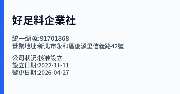 好足料企業社的照片-統編 91701868(新北市) 公司登記資料與營業項目詳細圖表
