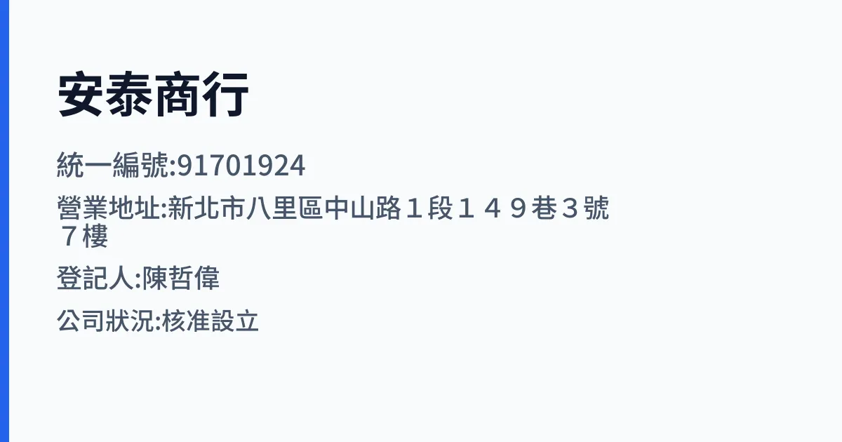 安泰商行 - 統編 91701924(新北市) 公司登記資料與營業項目詳細圖表