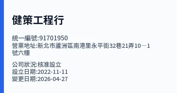 健策工程行的照片-統編 91701950(新北市) 公司登記資料與營業項目詳細圖表