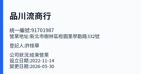 品川流商行的照片-統編 91701987(新北市) 公司登記資料與營業項目詳細圖表