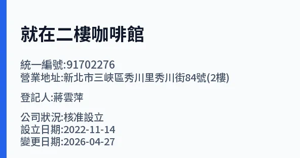就在二樓咖啡館的照片-統編 91702276(新北市) 公司登記資料與營業項目詳細圖表