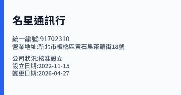 名星通訊行的照片-統編 91702310(新北市) 公司登記資料與營業項目詳細圖表