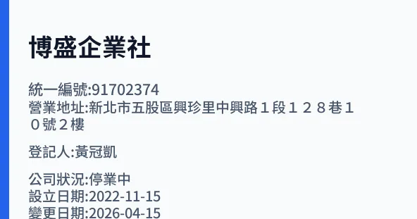 博盛企業社的照片-統編 91702374(新北市) 公司登記資料與營業項目詳細圖表