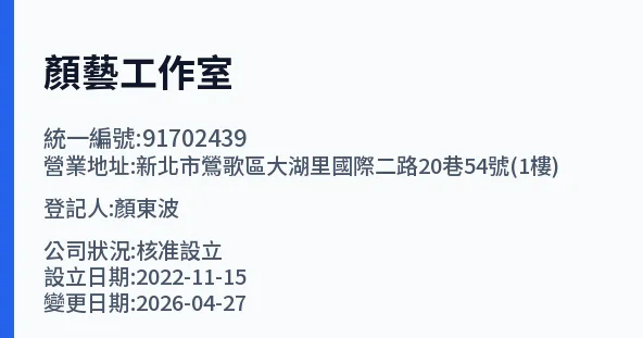 顏藝工作室的照片-統編 91702439(新北市) 公司登記資料與營業項目詳細圖表