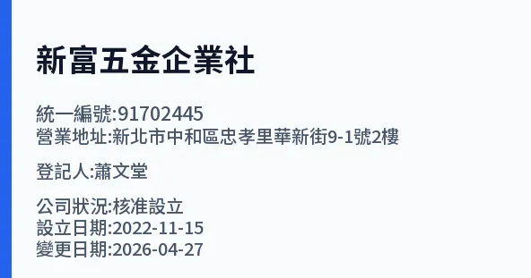 新富五金企業社的照片-統編 91702445(新北市) 公司登記資料與營業項目詳細圖表