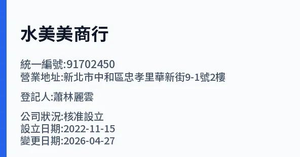 水美美商行的照片-統編 91702450(新北市) 公司登記資料與營業項目詳細圖表