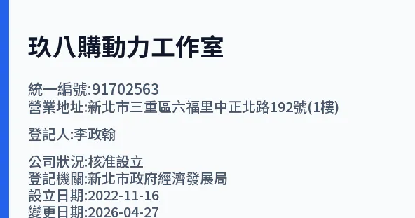 玖八購動力工作室的照片-統編 91702563(新北市) 公司登記資料與營業項目詳細圖表
