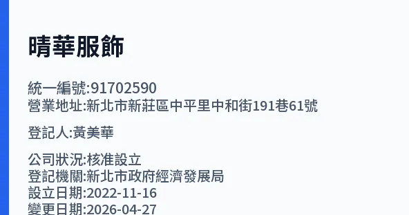 晴華服飾的照片-統編 91702590(新北市) 公司登記資料與營業項目詳細圖表