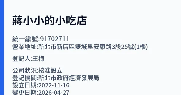 蔣小小的小吃店的照片-統編 91702711(新北市) 公司登記資料與營業項目詳細圖表